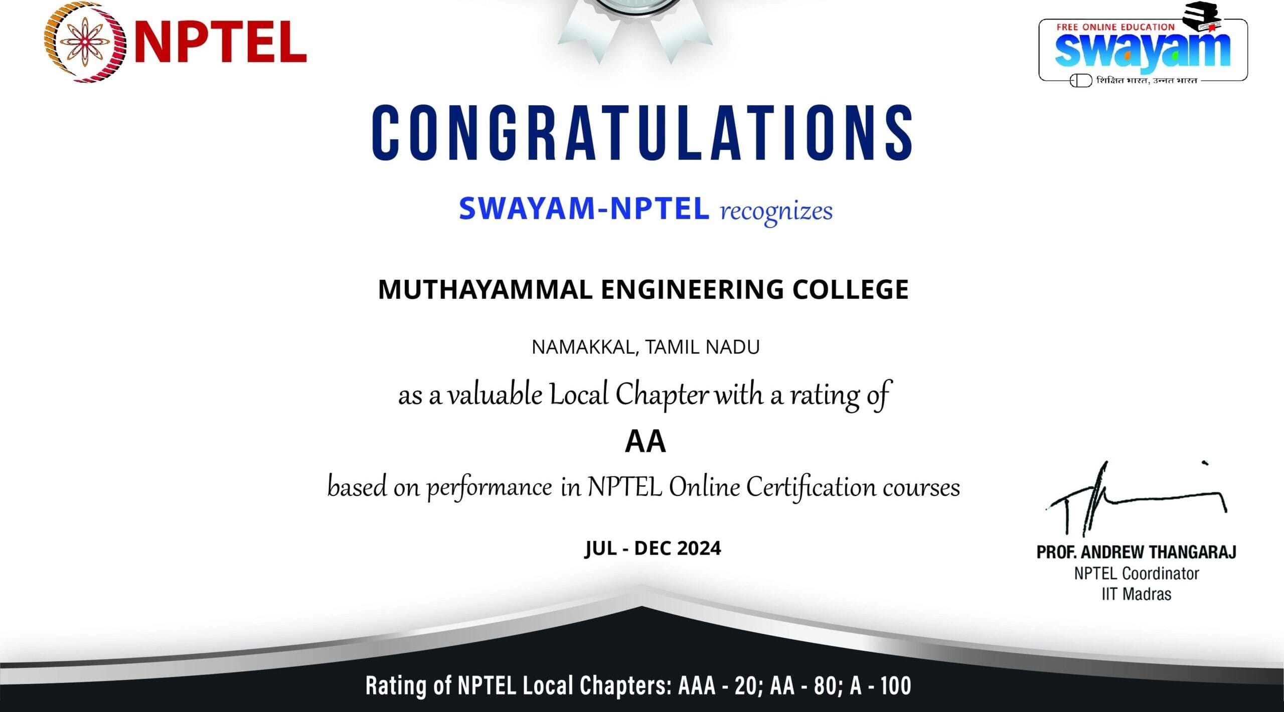 NPTEL "AA" Rating from SWAYAM