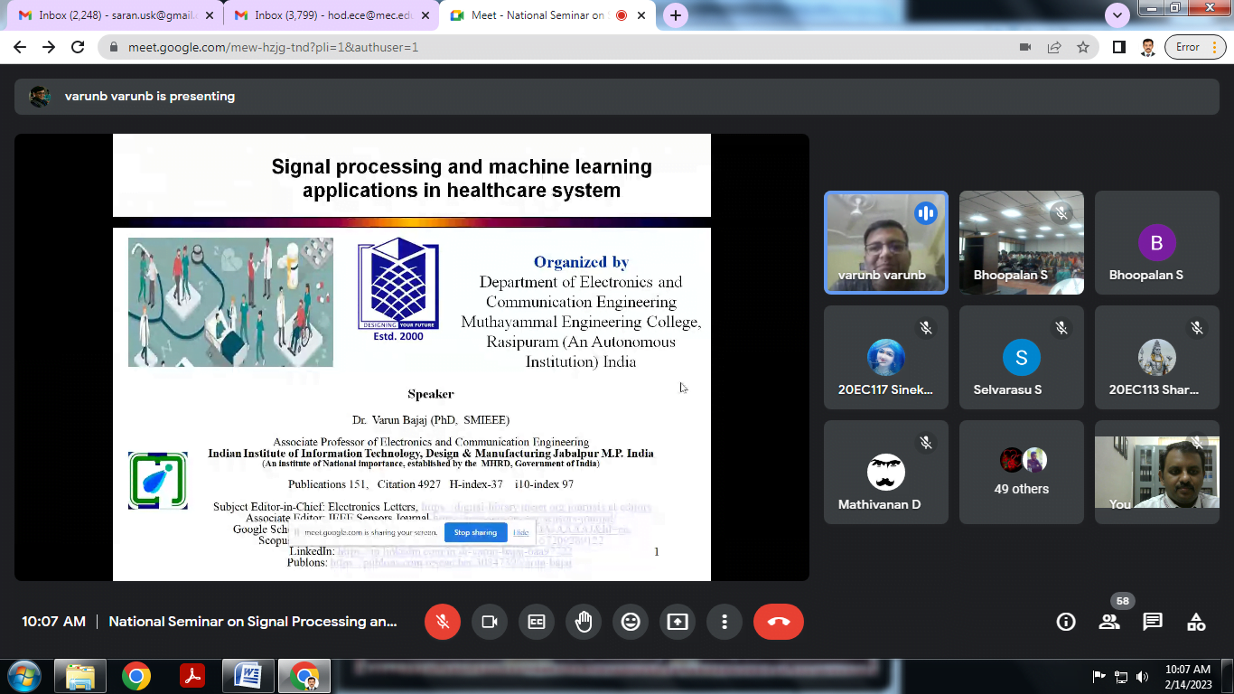 National Seminar on Signal Processing and Machine Learning applications in Healthcare Systems